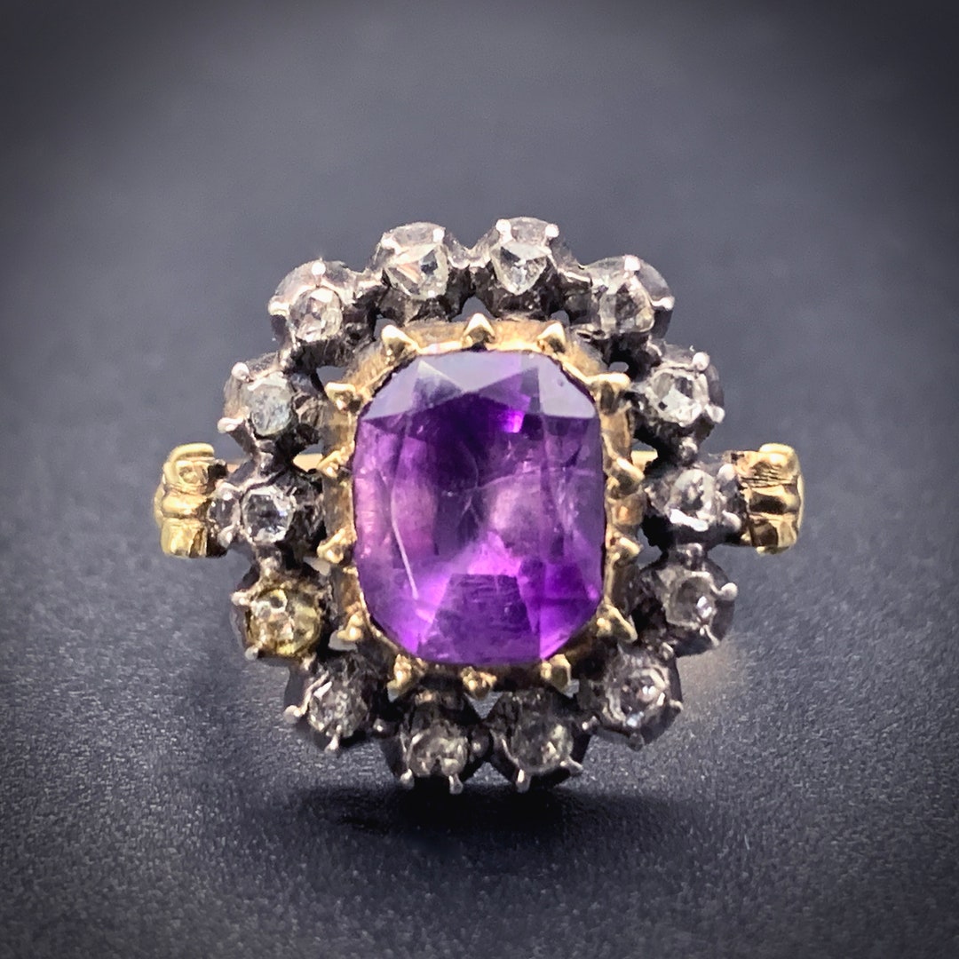 Antique Spanish 18K, Silver, Diamond & Amethyst Ring With Original Box ...