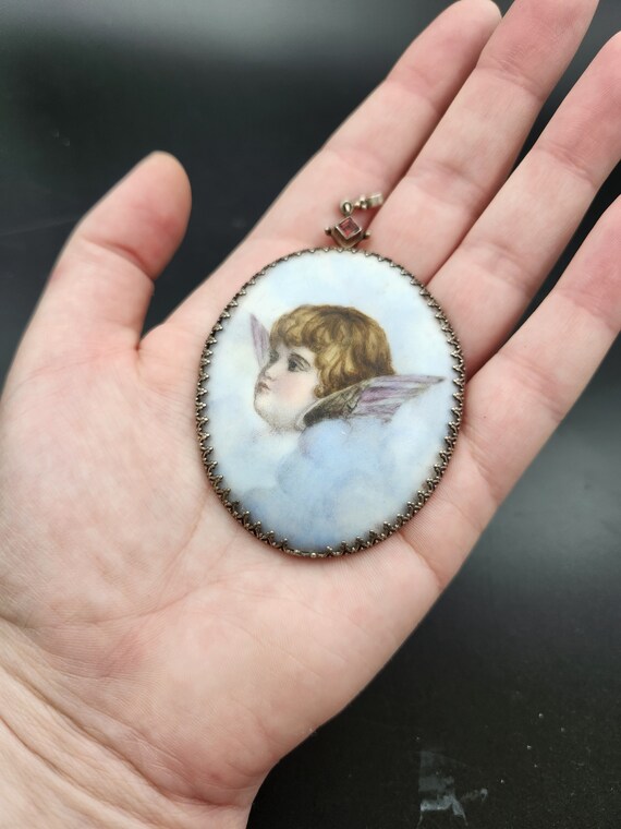 Antique Silver & Hand Painted Porcelain Angel Pendant - Gem