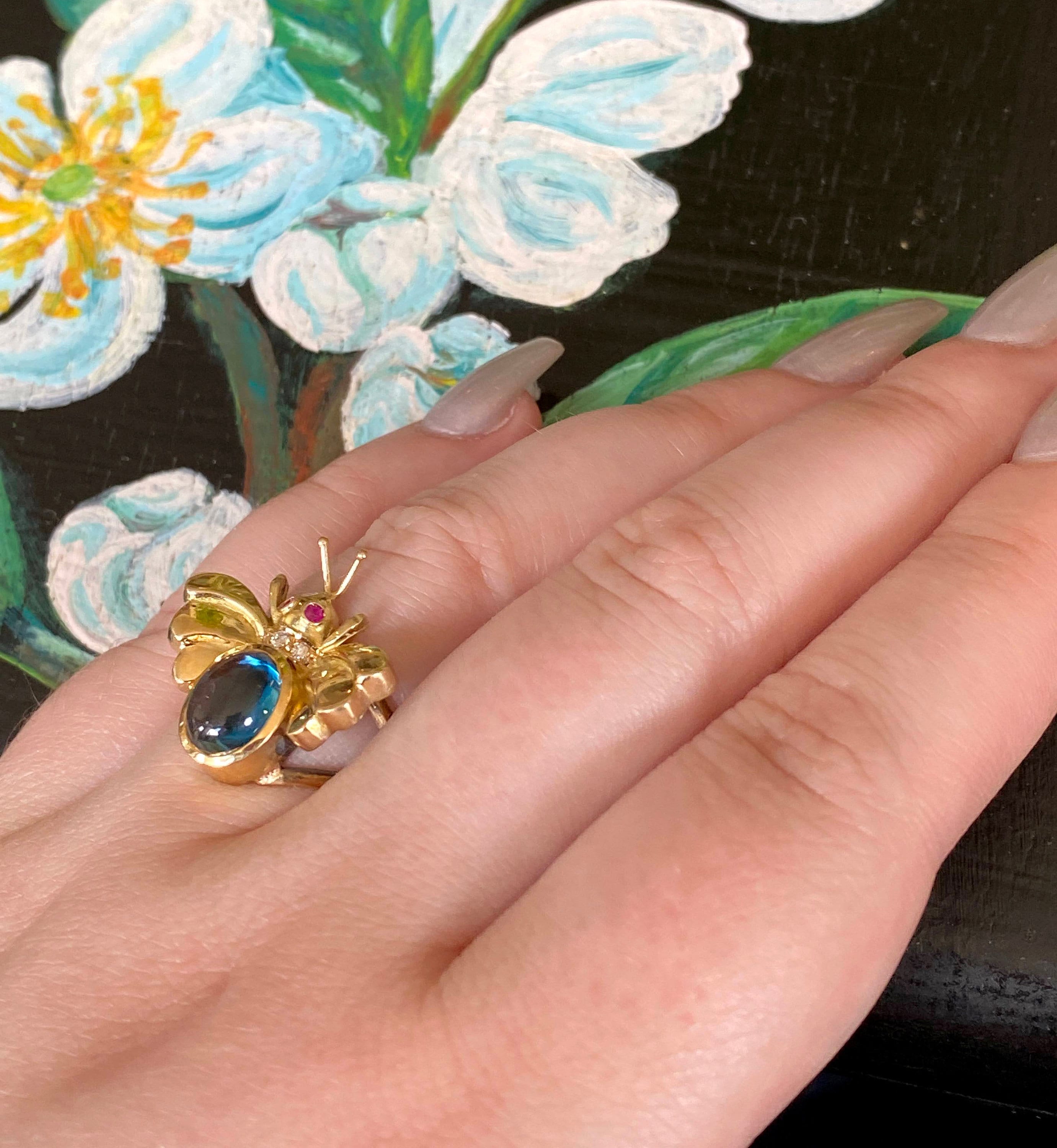 14K, Blue Topaz, Diamond & Ruby Conversion Ring - Etsy