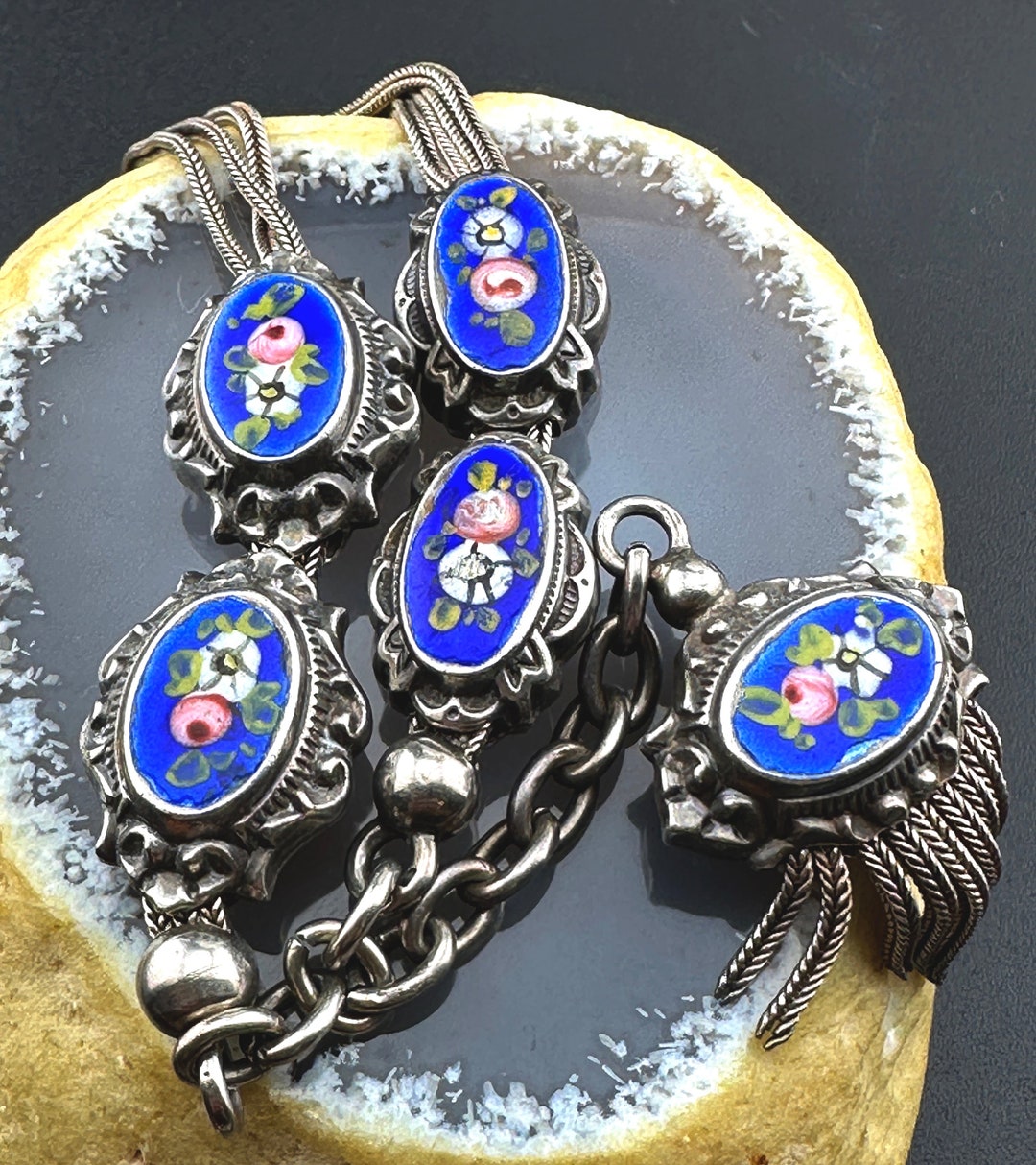 Antique French Silver & Enamel Slide Chain Necklace - Etsy