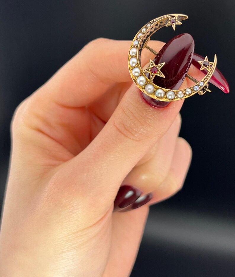 Antique 15K, Ruby & Seed Pearl Crescent Brooch - Etsy