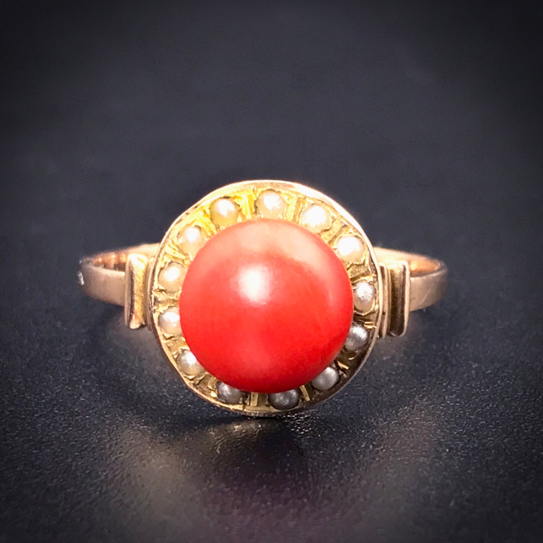 Antique 18K Coral & Seed Pearl Ring - Etsy