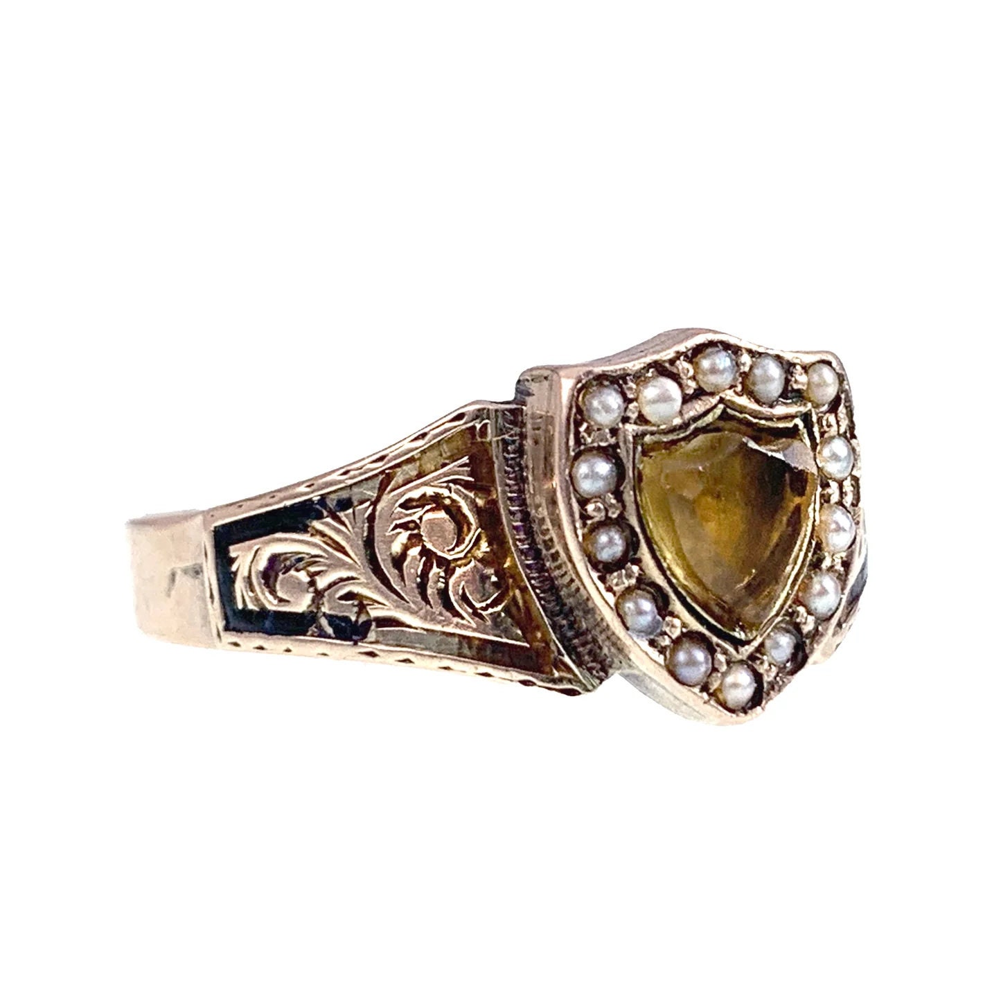 Antique English 9k, Citrine, Seed Pearl & Enamel Shield Ring - Etsy