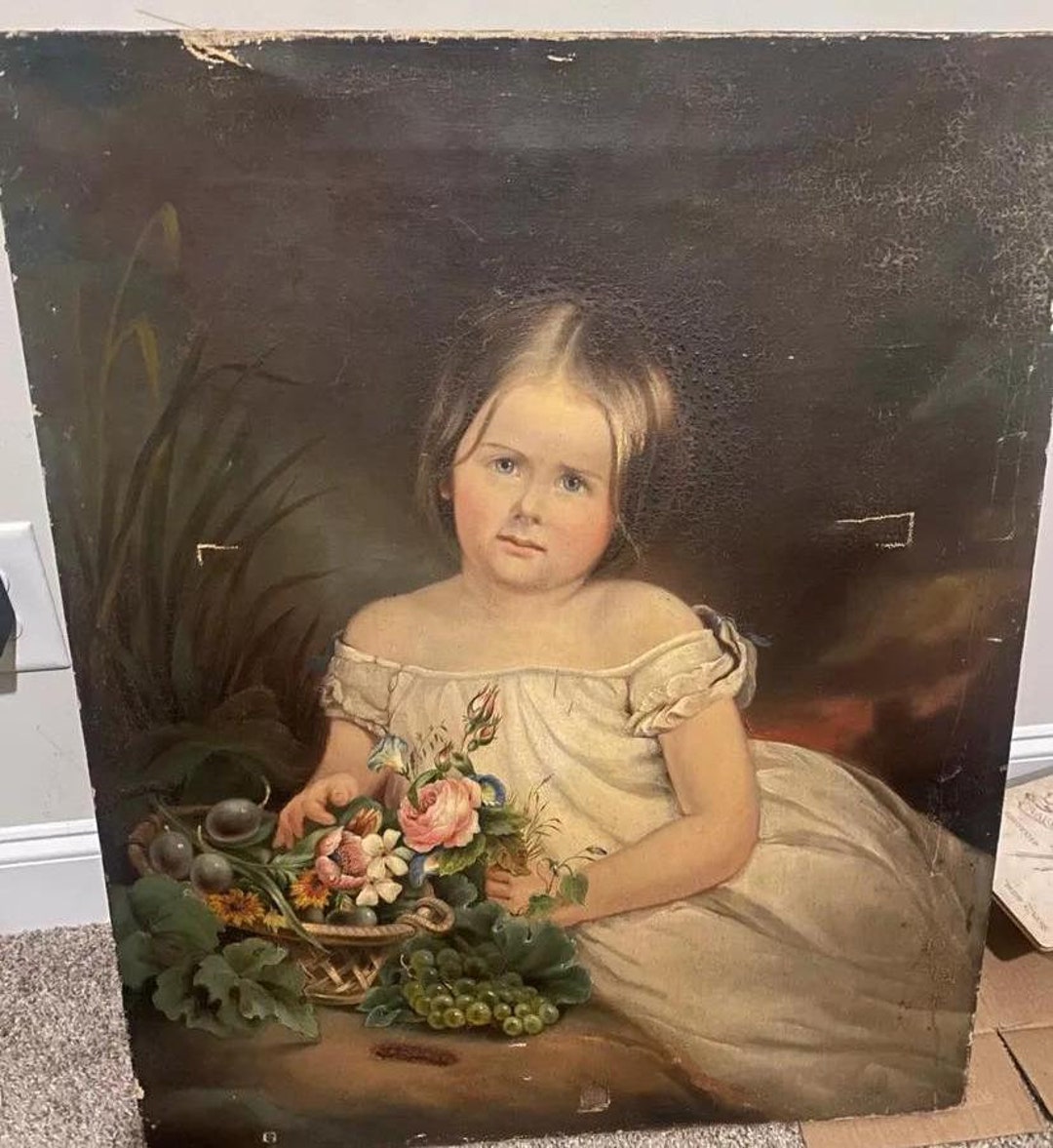 Charming Antique Oil Painting Portrait of a Young Girl in a White Dress ...