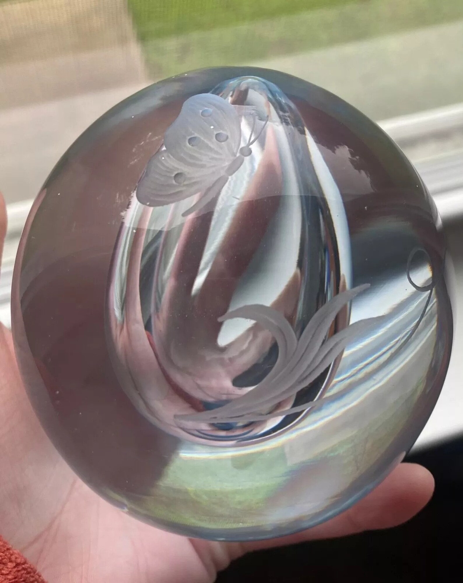 Vintage Swedish Art Glass Paperweight Clear Etched Butterfly Flower ...
