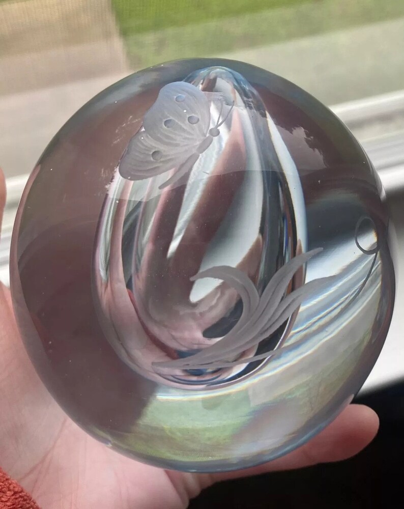 Vintage Swedish Art Glass Paperweight Clear Etched Butterfly Flower ...