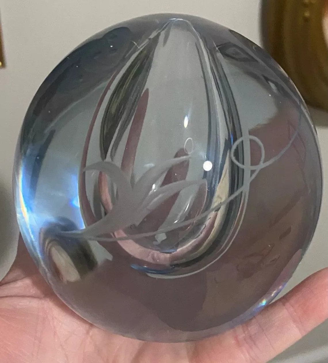 Vintage Swedish Art Glass Paperweight Clear Etched Butterfly Flower ...