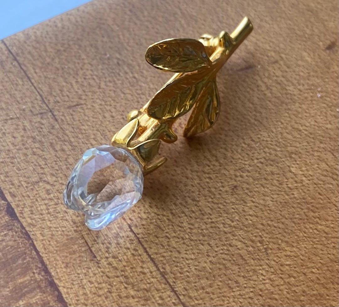 Vintage Swarovski Crystal Rose Pin Clear Flower Gold Tone Metal Signed ...