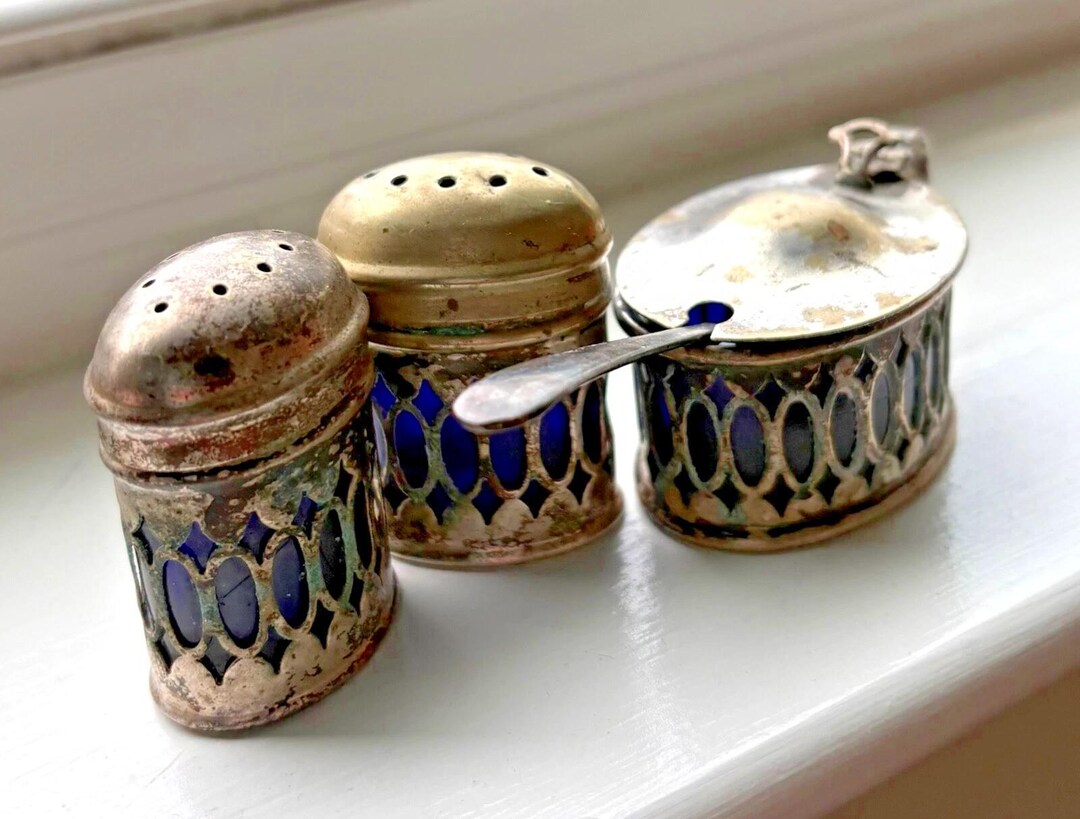 Antique English 3-piece Condiment Set EPNS Silver Plated Cobalt Blue ...