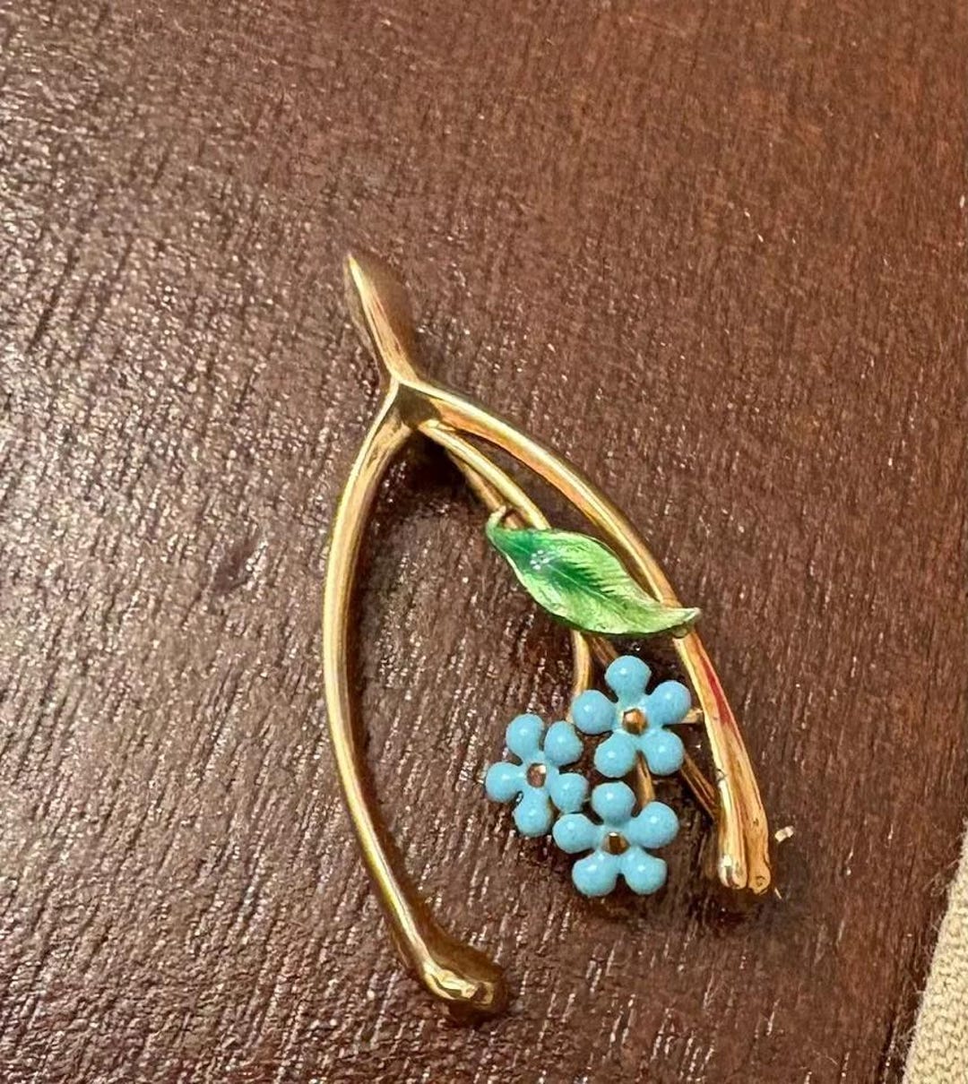 Antique 14K Gold Pin Wishbone Shape With Blue Enamel Forget-me-not ...