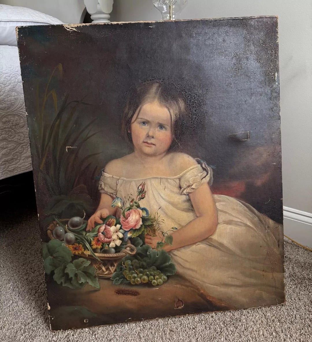 Antique Oil Painting Portrait of a Young Girl in a White Dress American ...