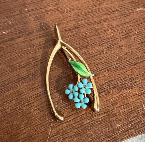 Vintage 14K Gold Pin Wishbone Shape with Blue Enamel … - Gem