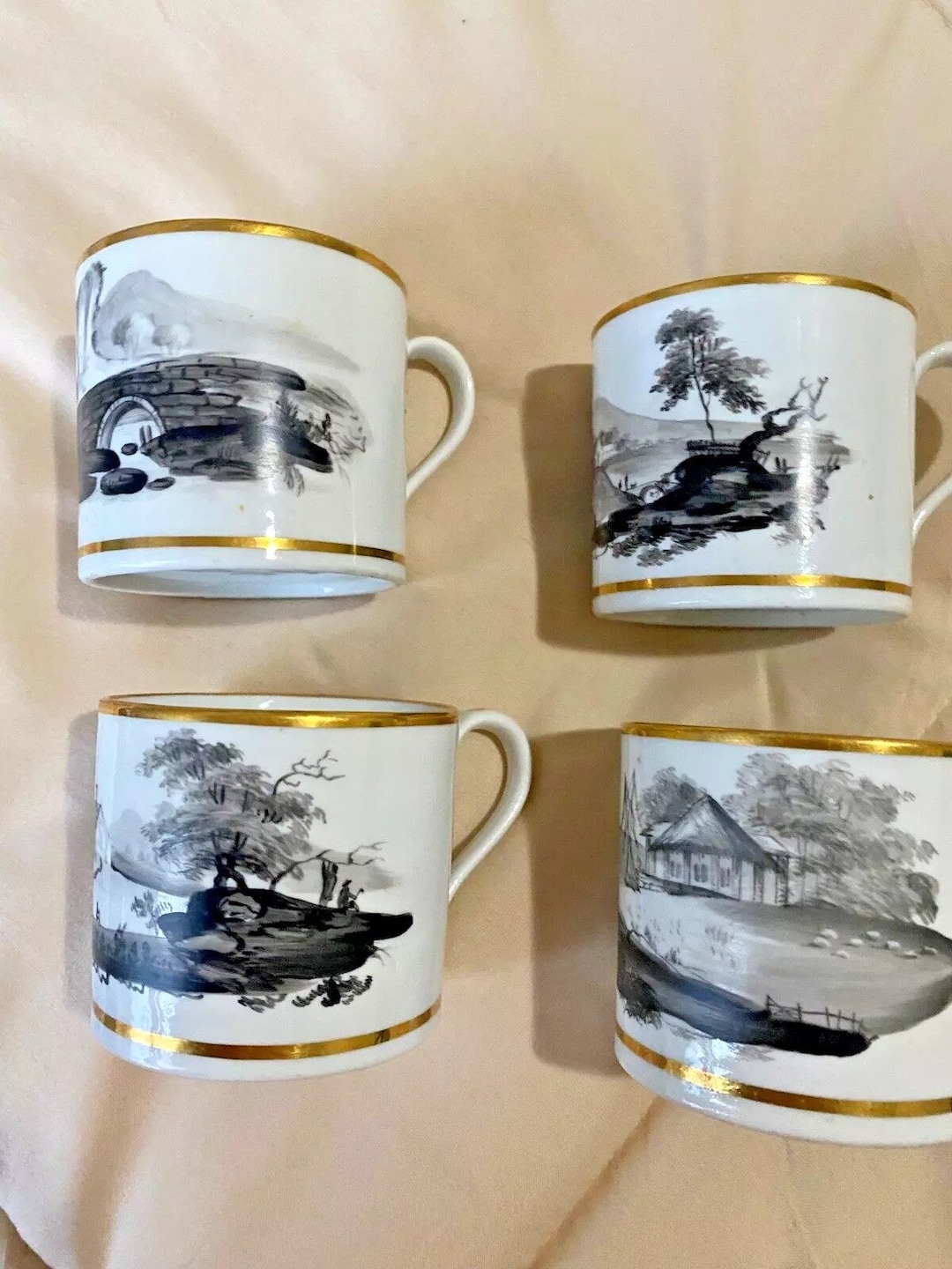 Antique English Tea Set Landscape Village Church Scenes: Four Coffee ...