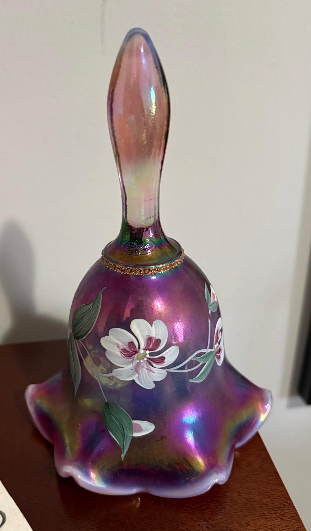Vintage Fenton Glass Bell Pink Iridescent Hand-painted Signed S. Smith ...