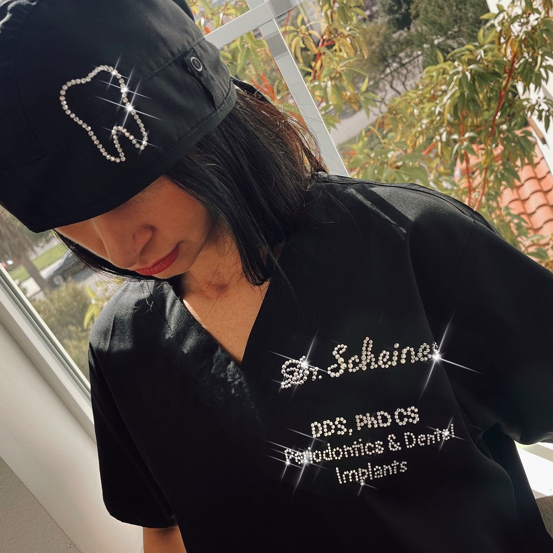 Crystal Scrubs Top and Hat Workwear With Custom Logo or Initials, Denta ...