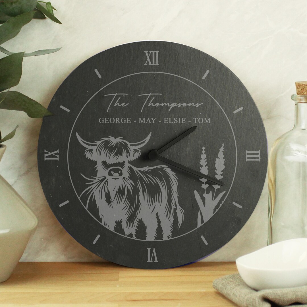 Personalised Highland Cow Slate Clock - Etsy UK