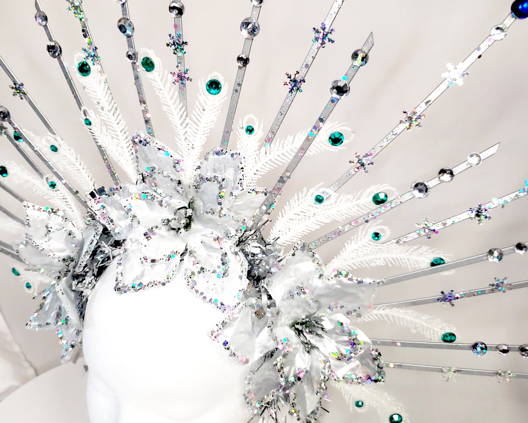Halo Christmas Headpiece With White Glitter Poinsettias, Gems, White ...