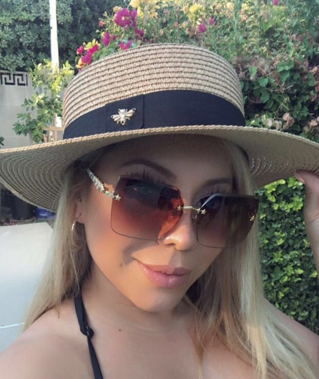 Embellished Bee Malibu Straw Hat, Fedora Style Hat, Flat Top Hat, Straw ...