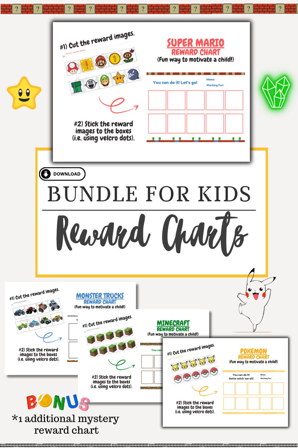 Rewards Chart Bundle Super Mario, Pokemon, Minecraft, Monster Truck ...