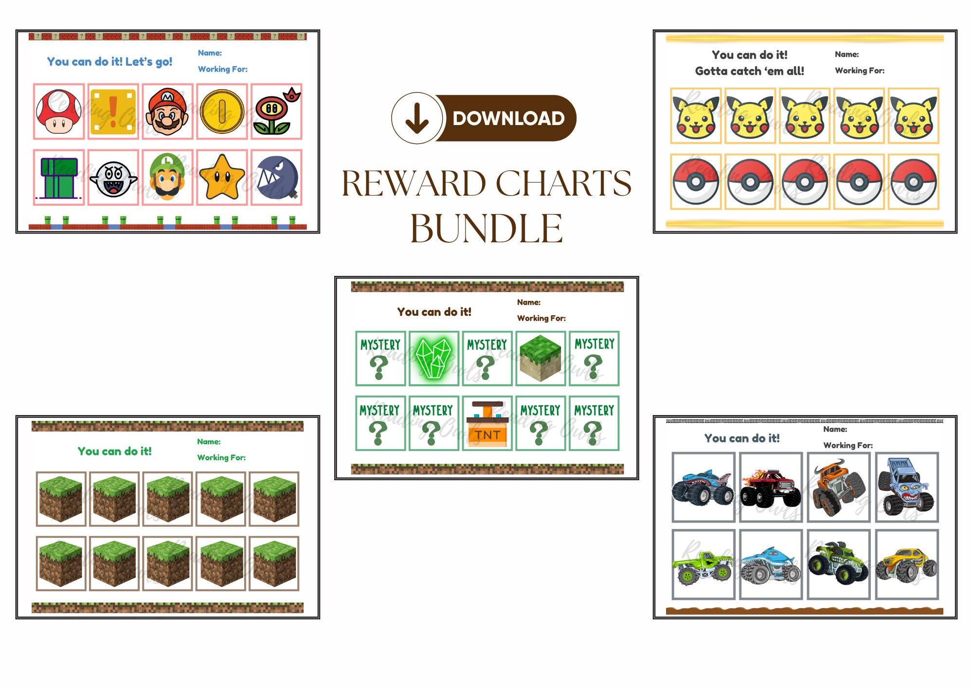 Rewards Chart Bundle Super Mario, Pokemon, Minecraft, Monster Truck ...