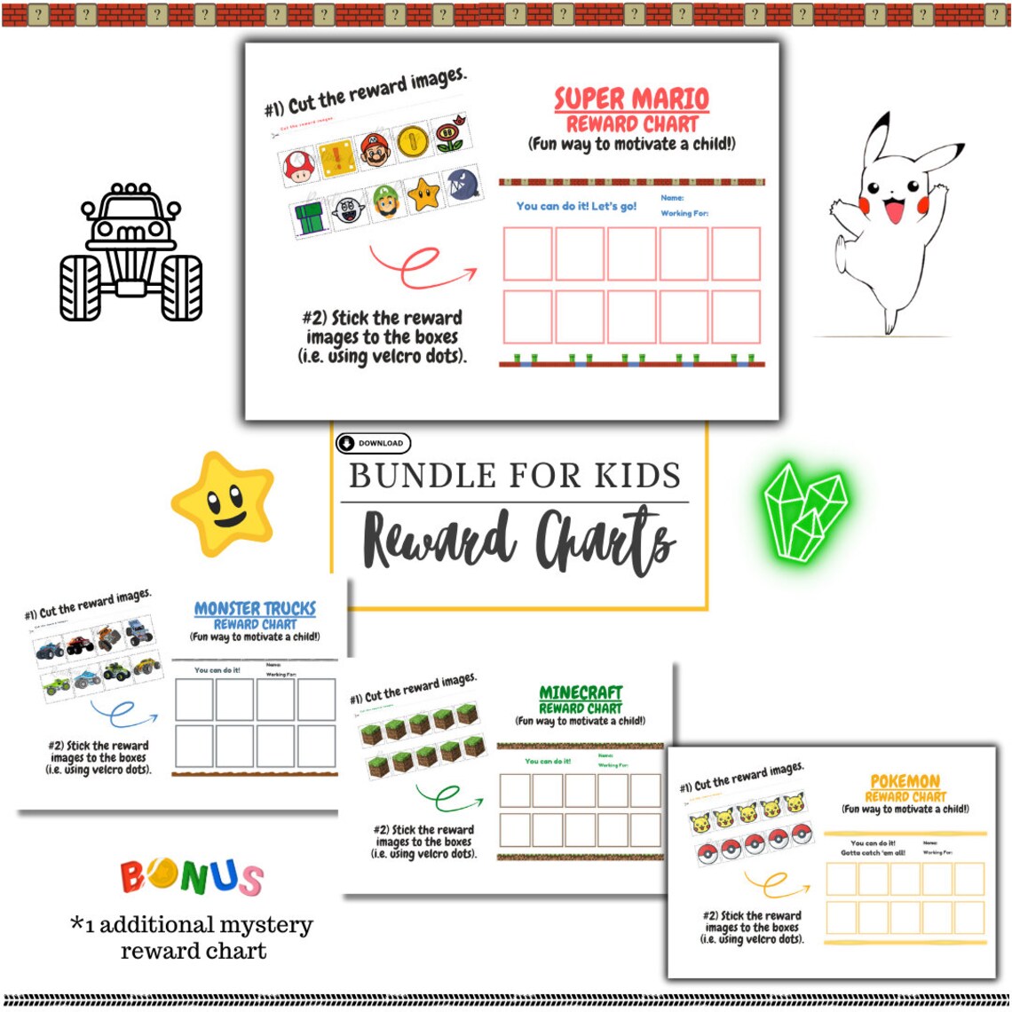 Rewards Chart Bundle - Super Mario, Pokemon, Minecraft, Monster Truck ...