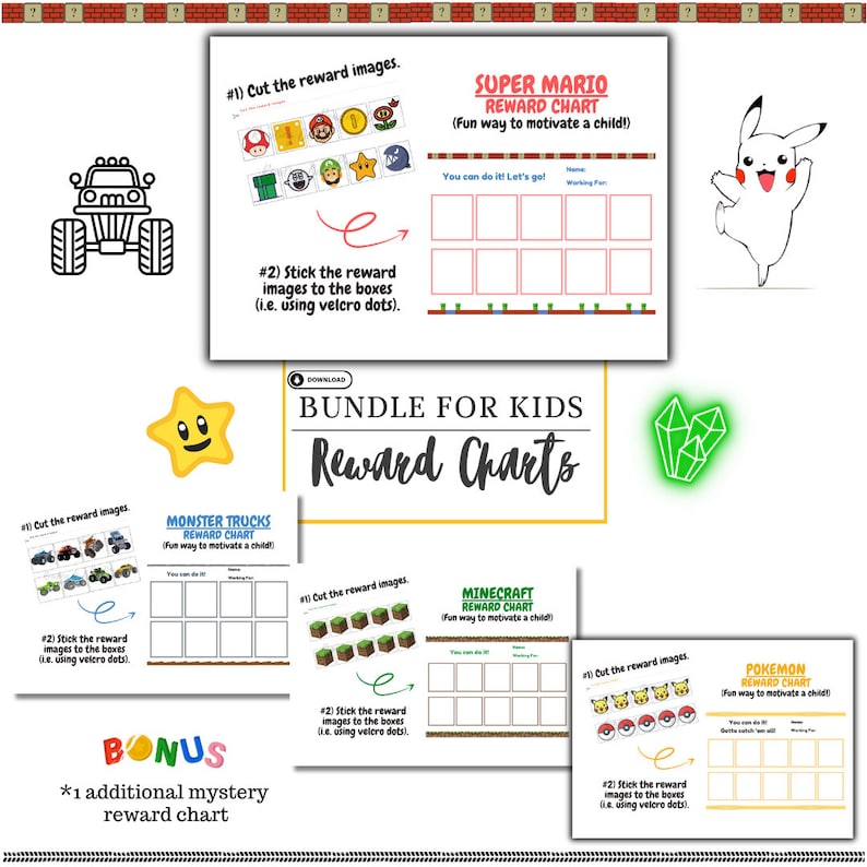 Rewards Chart Bundle - Super Mario, Pokemon, Minecraft, Monster Truck ...