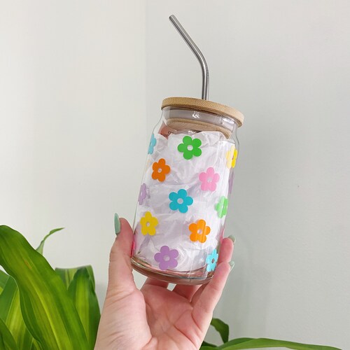 Retro Flower Iced Coffee Cup Glassdaisy Beer Can Glass Boho Etsy