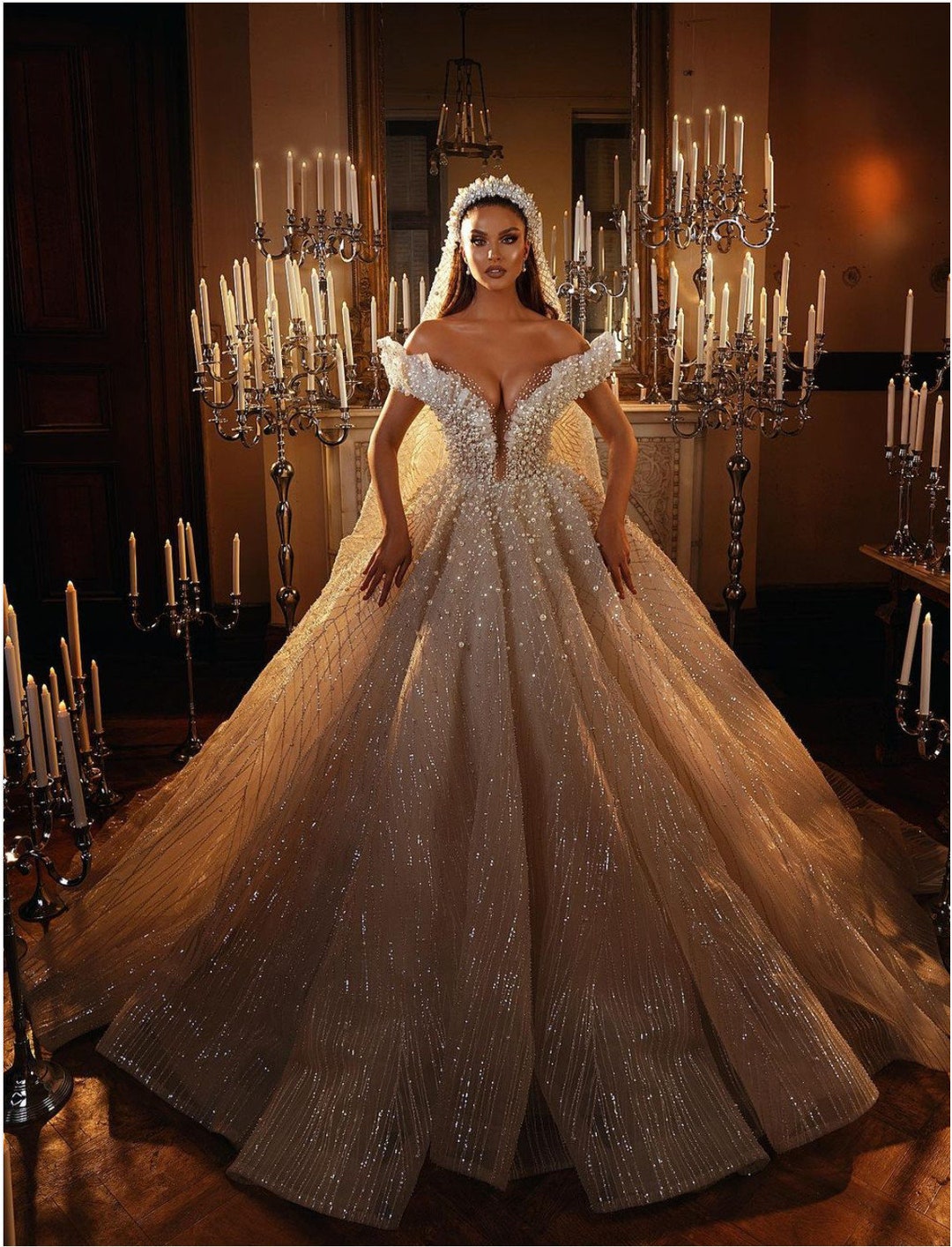 Hot V-neck Deep-cut Royal Wedding Dress With Beaded All Over - Etsy