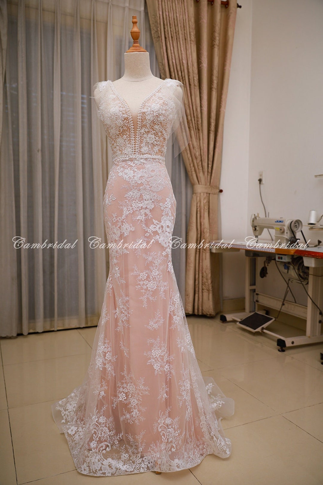 Elegant and Seductive Light Pink Fishtail Lace Wedding Dress - Etsy
