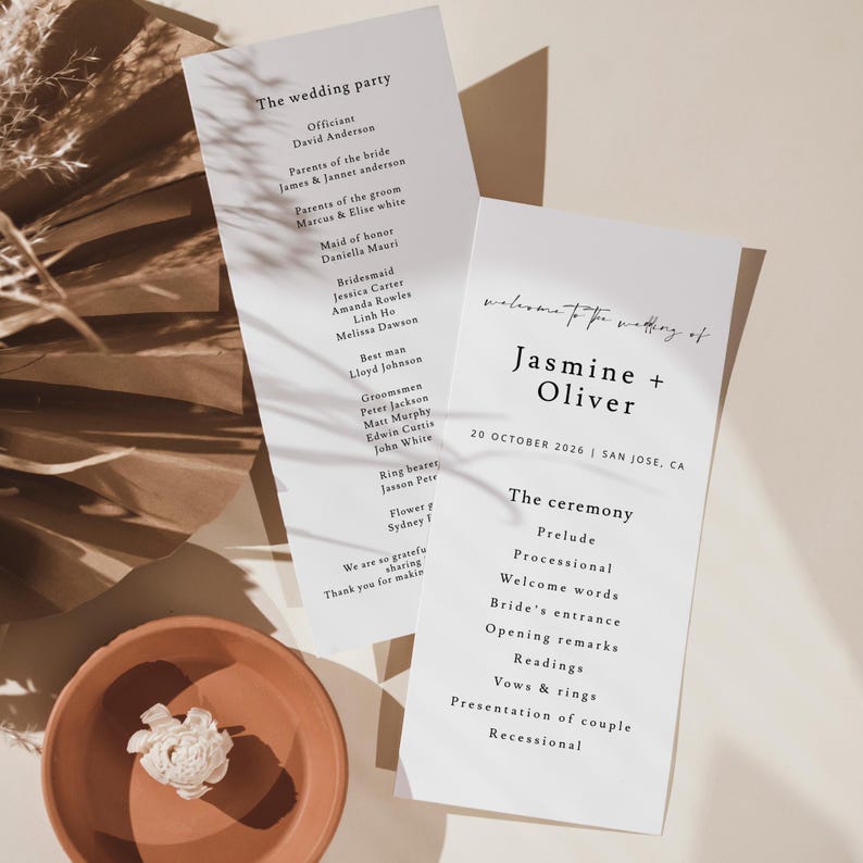 Minimal Wedding Program Template, Minimal Ceremony Program Card ...