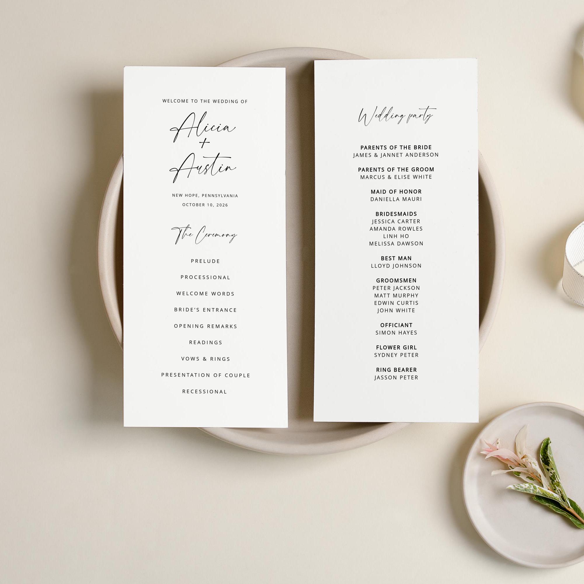 Minimal Wedding Program Template, Simple Wedding Program Template, Modern Elegant Wedding ...
