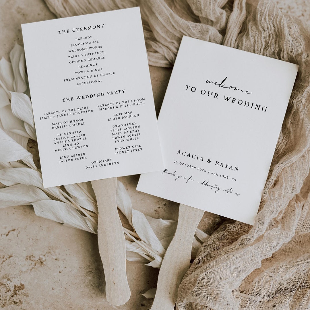 Minimal Wedding Program Fan Template, Simple Wedding Program Fan, Clean ...