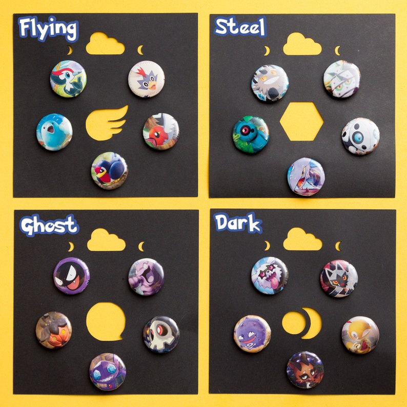 Pokemon Button Sets Themed Sets of 5 Pins Real Upcycled Pokemon Card ...
