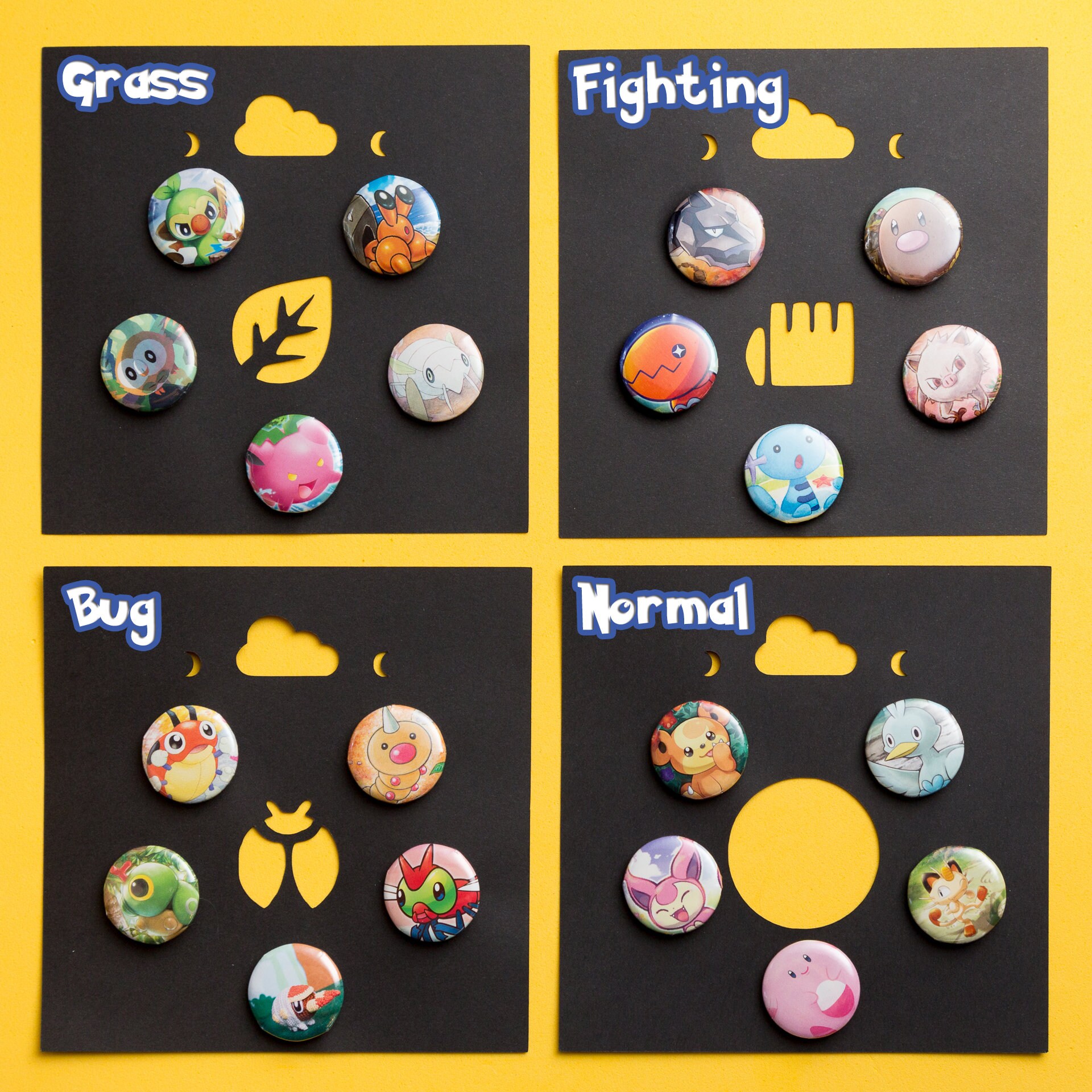 Pokemon Button Sets Themed Sets of 5 Pins Real Upcycled Pokemon Card ...
