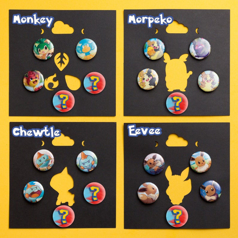 Pokemon Button Sets Themed Sets of 5 Pins Real Upcycled Pokemon Card ...