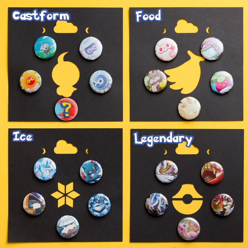 Pokemon Button Sets Themed Sets of 5 Pins Real Upcycled Pokemon Card ...