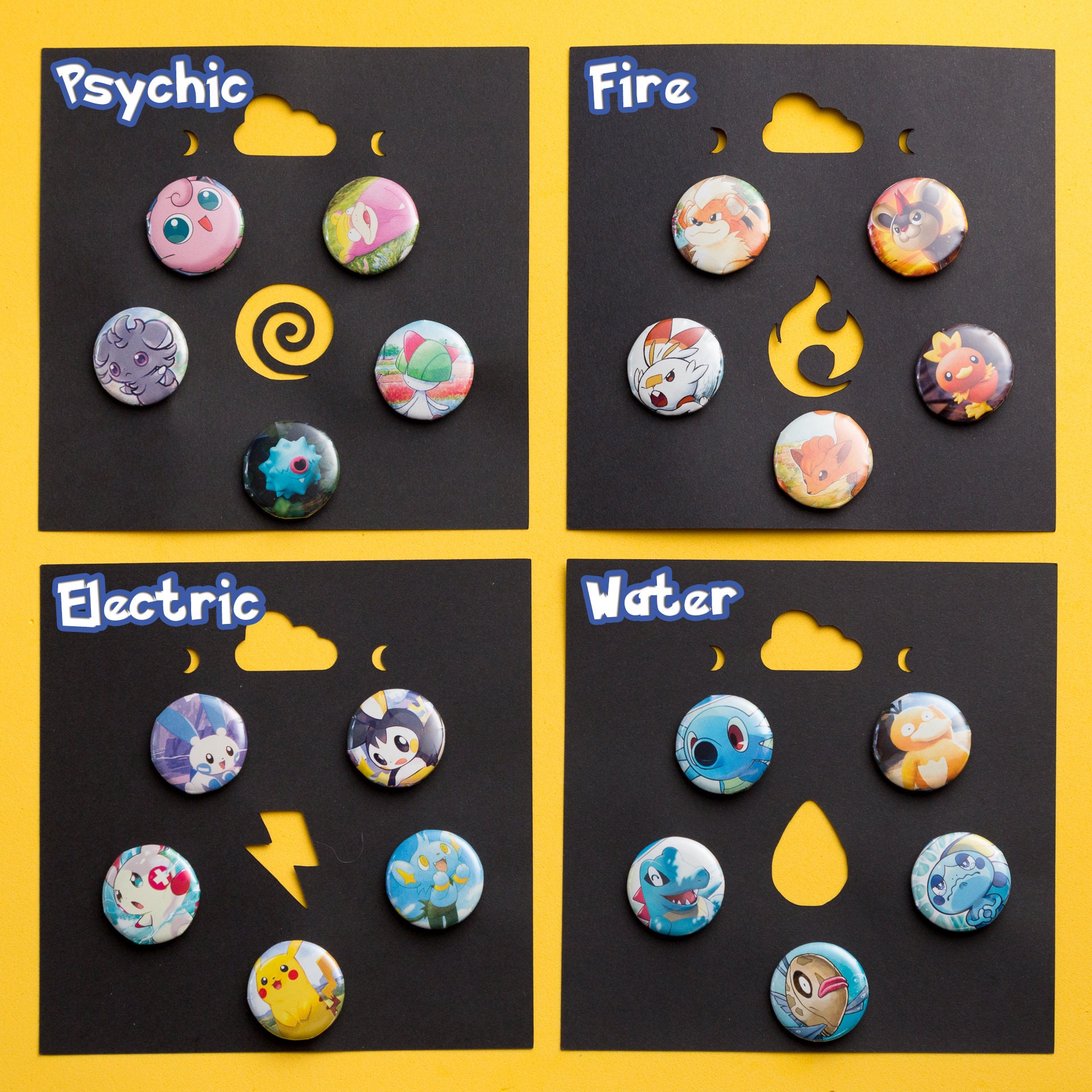 Pokemon Button Sets Themed Sets of 5 Pins Real Upcycled Pokemon Card ...