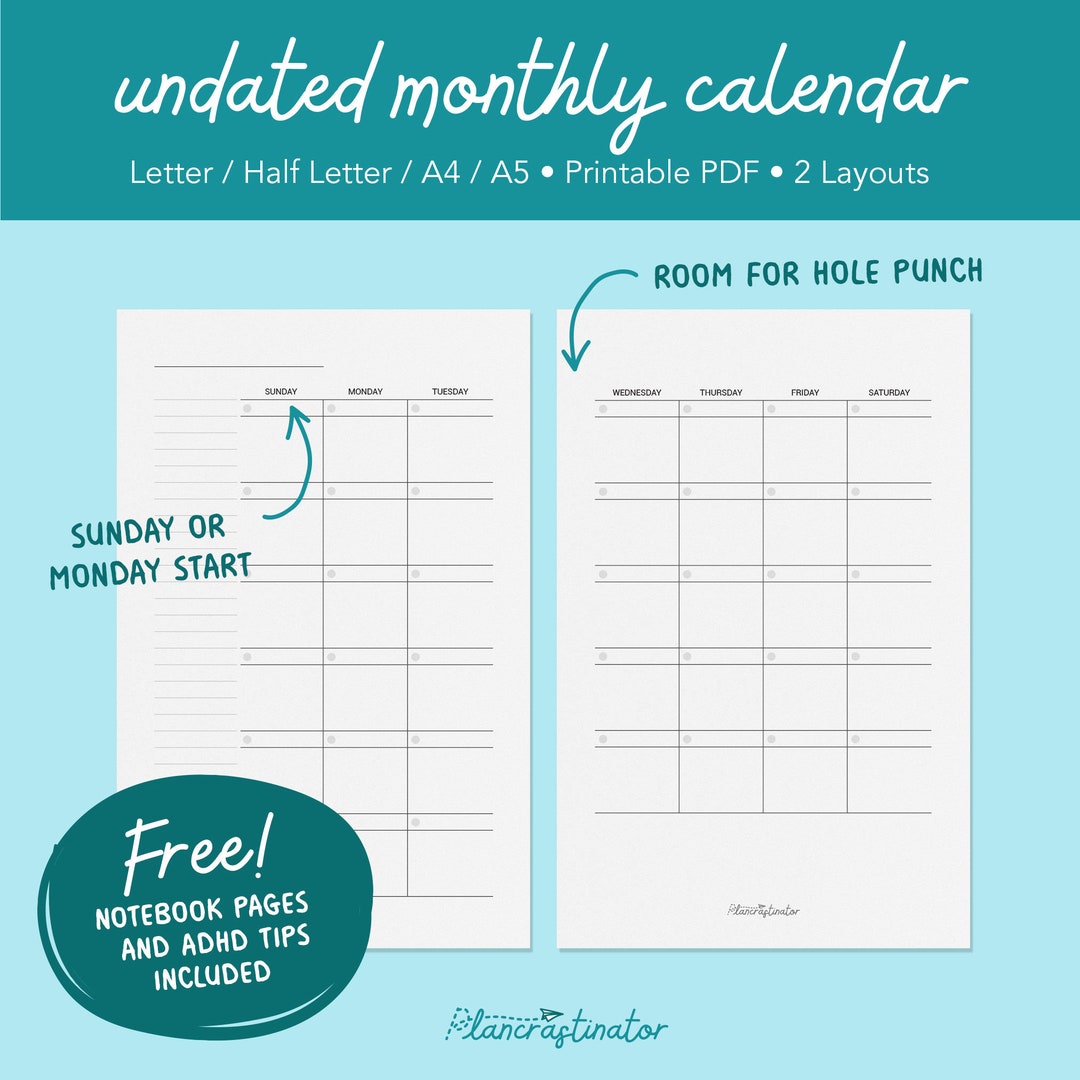 Undated Monthly Printable Calendar Pages | ADHD Planner, Two Page ...