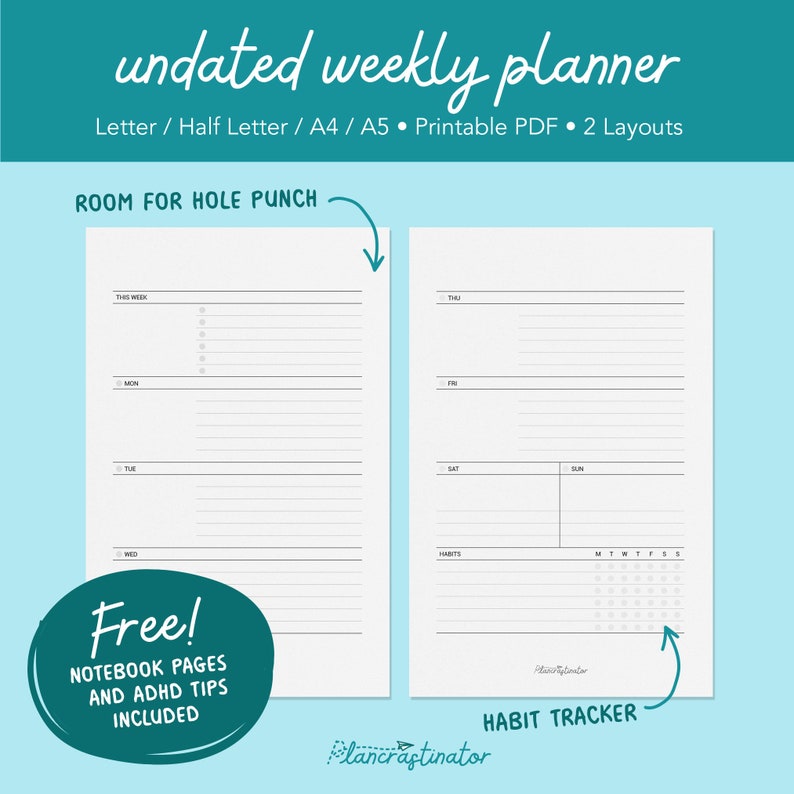 Undated Weekly Printable Planner Pages ADHD Planner, Two Page Spread ...