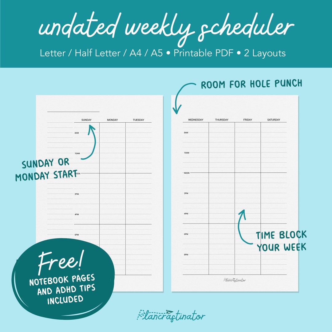 Undated Weekly Printable Schedule Pages | ADHD Planner, Two Page Spread ...