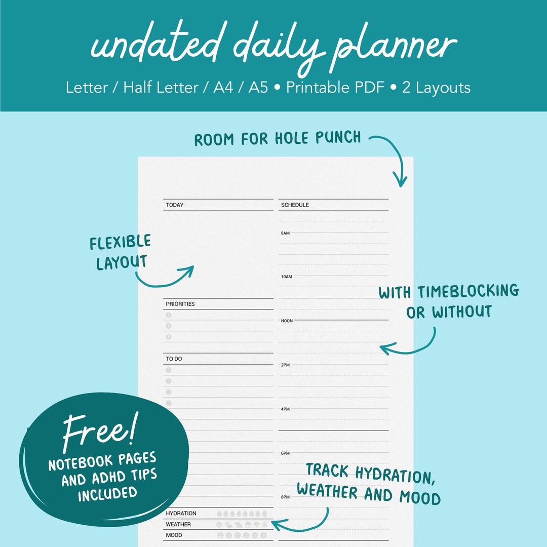 Undated Daily Printable Planner Pages | ADHD Planner, Time Blocking ...