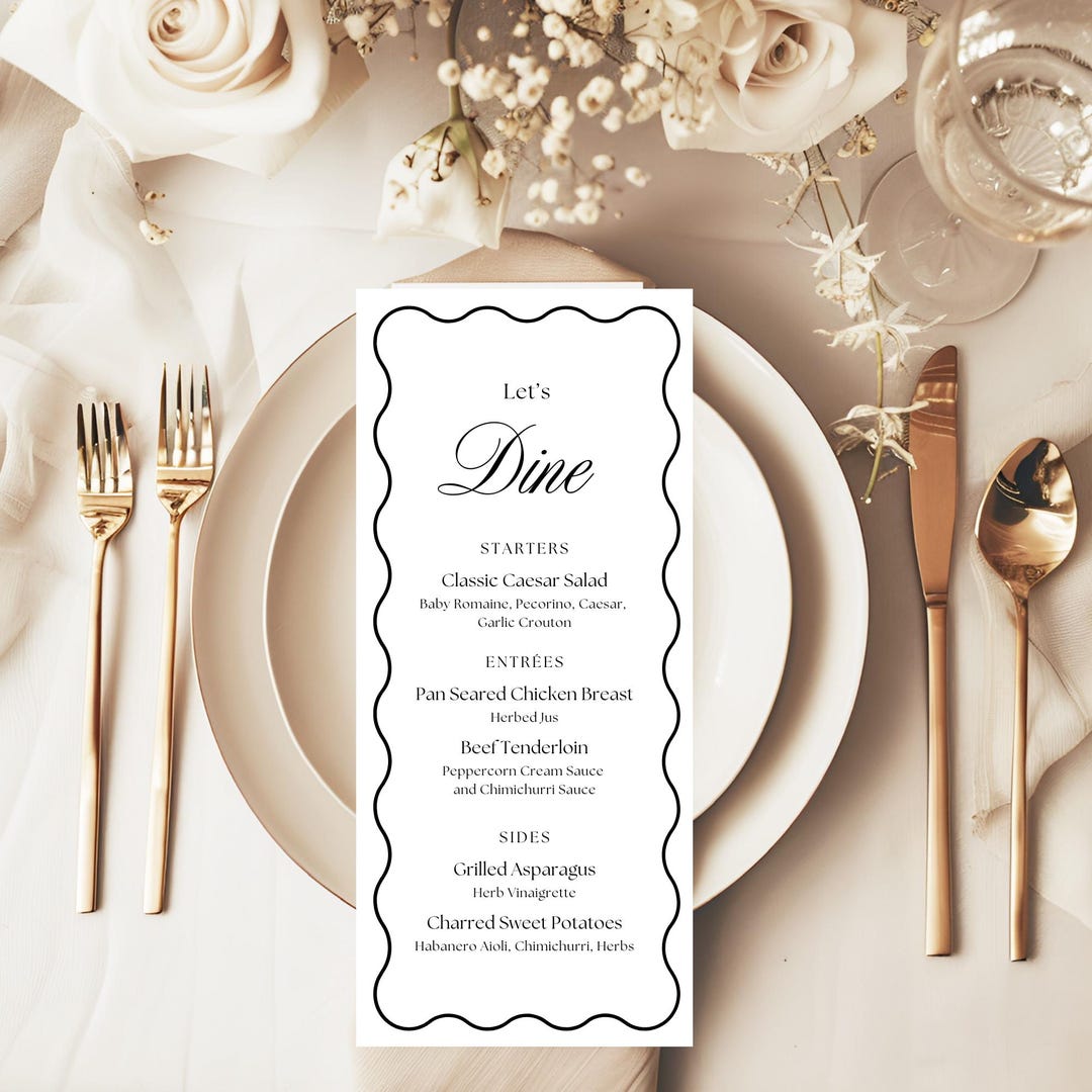 Modern & Minimal Wavy Outline Menu Card Customizable Wedding or Event ...