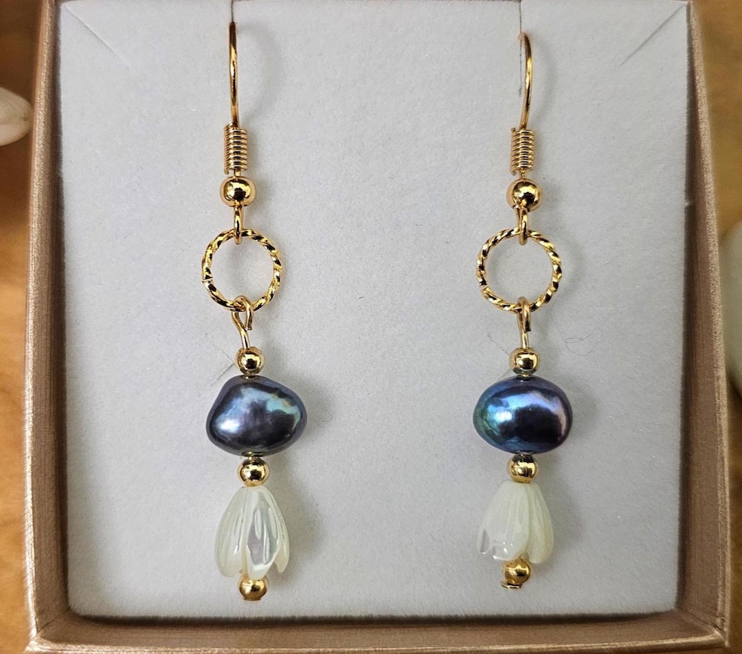 Blue Pearl and Pikake Flower Earrings: Gold or Silver, White Shell ...
