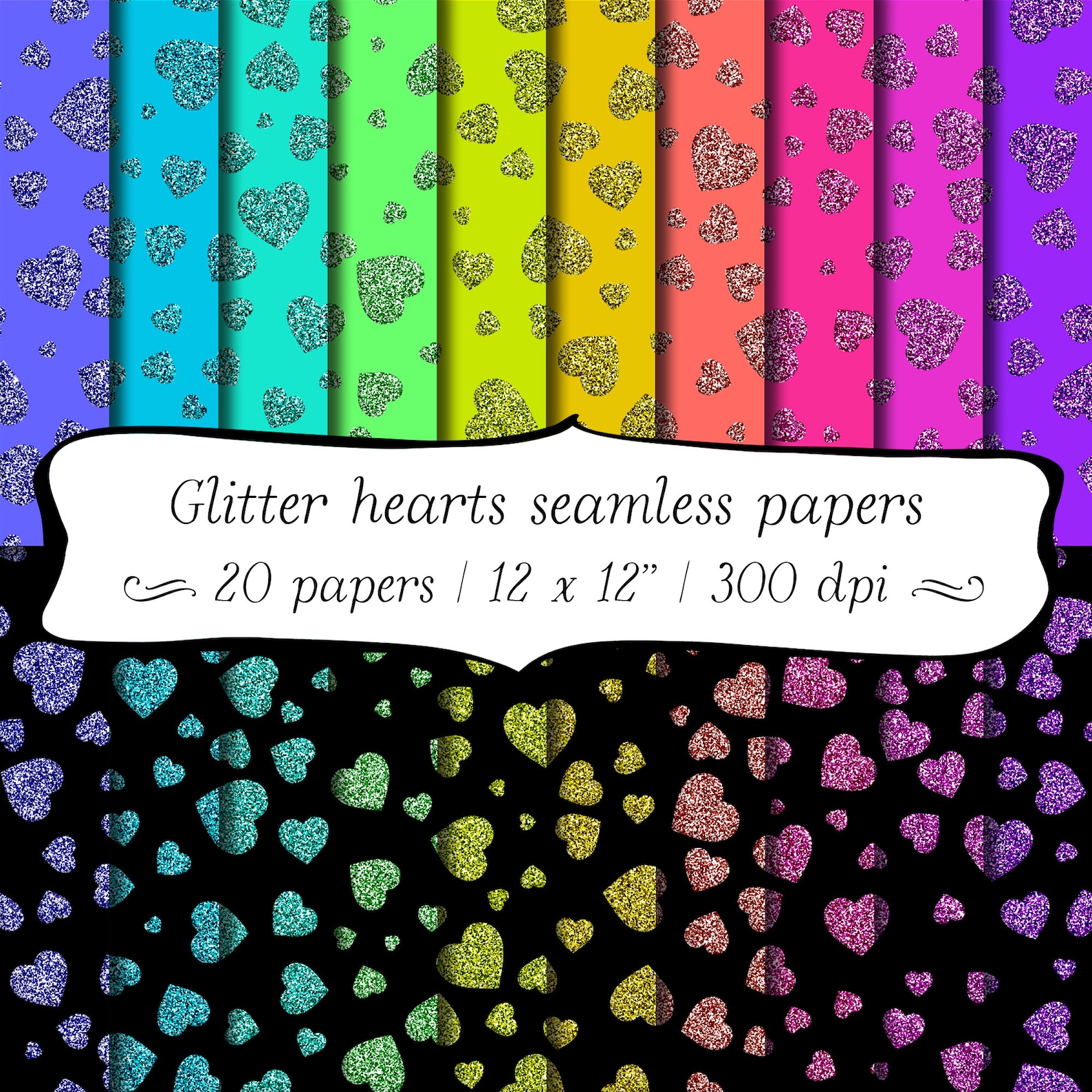 Bright Neon Rainbow Glitter Hearts Valentine Pattern Seamless Digital ...