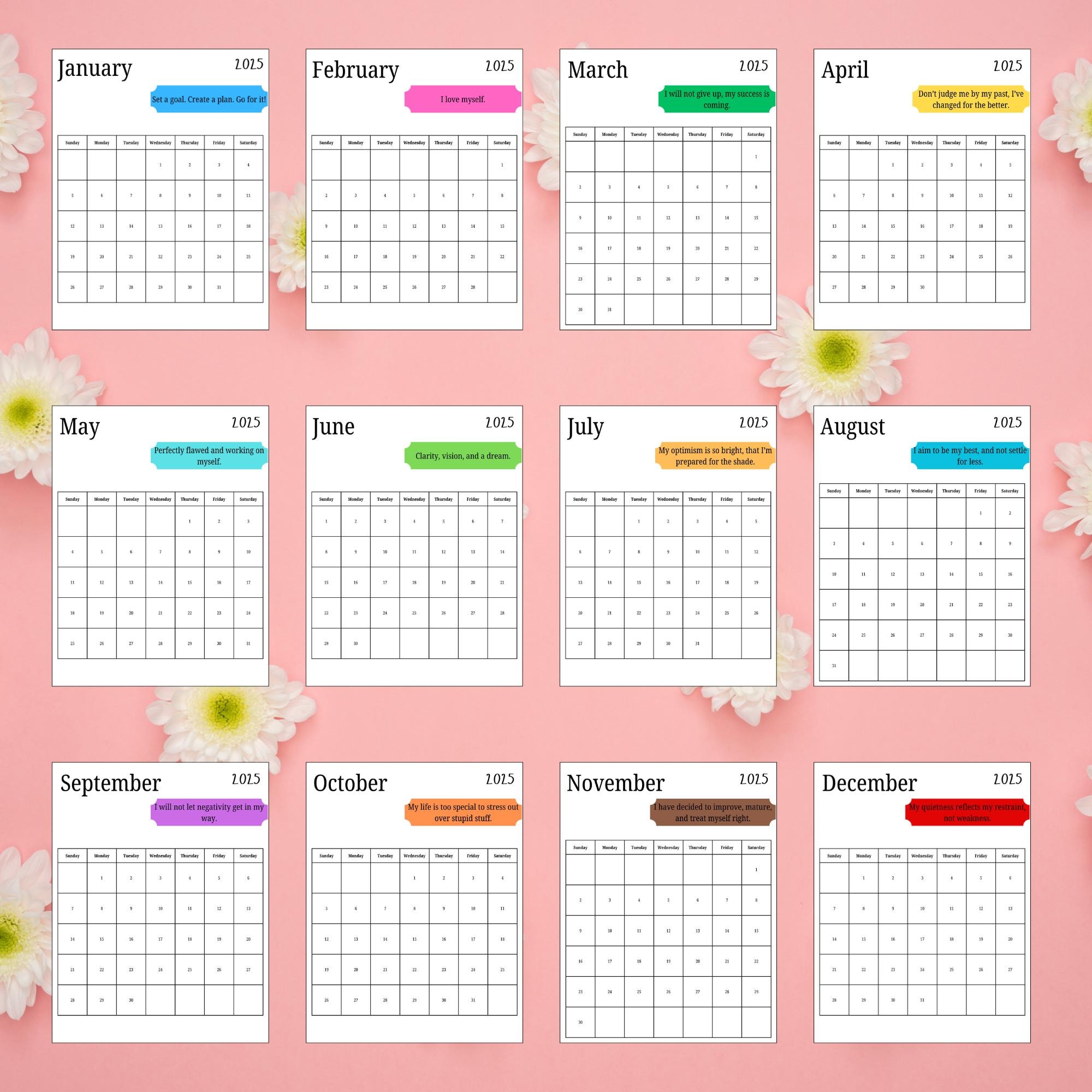 2025 Printable Motivational Calendar, Monthly Calendar 2025, Two ...