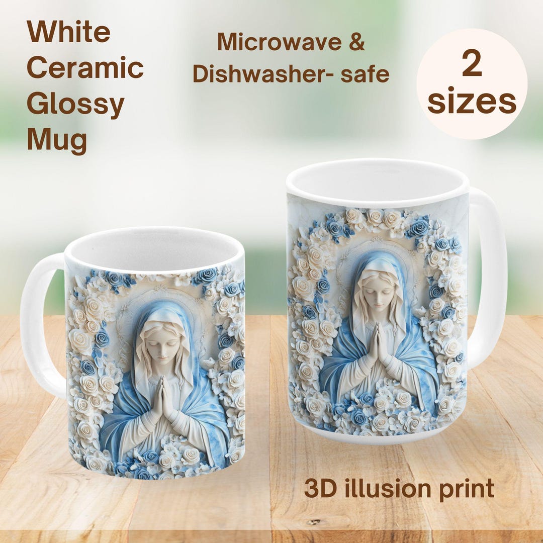 Virgin Mary Carved Marble Mug, 3D Style Catholic Coffee Cup 11oz 15oz ...