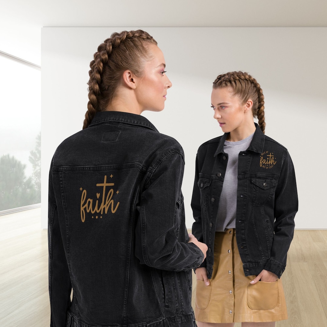 Bible Verse Unisex Embroidered Denim Jacket, Walk by Faith, Christian ...