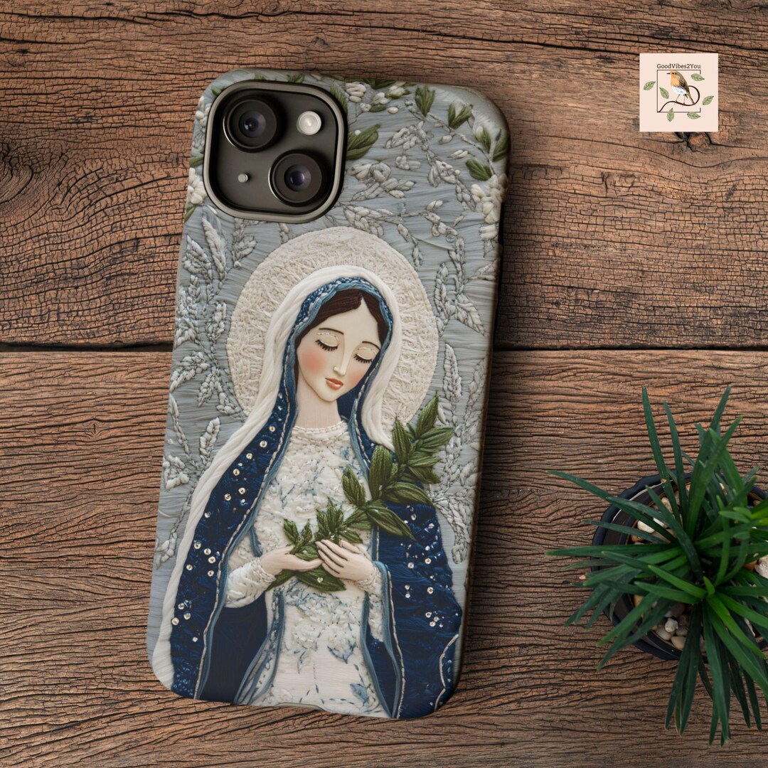 Catholic 3d Embroidery Effect Phone Cover, Virgin Mary Faux Embroidery ...