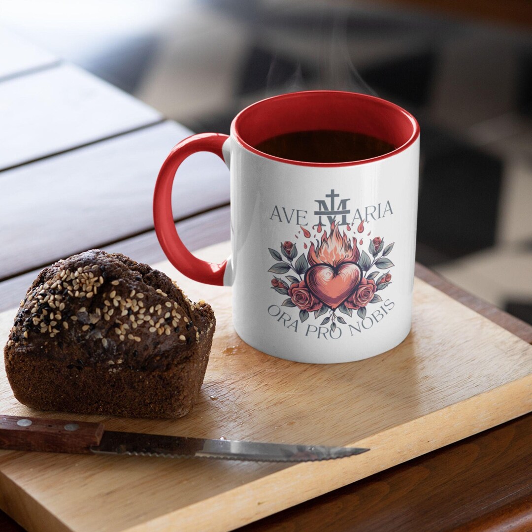 Mary's Sacred Heart Mug, Catholic Ceramic 11oz Two-toned Coffee Mug ...