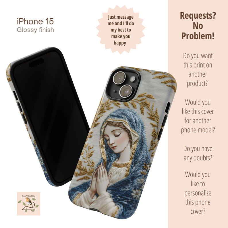 Catholic 3d Embroidery Effect Phone Cover, Virgin Mary Faux Embroidery ...